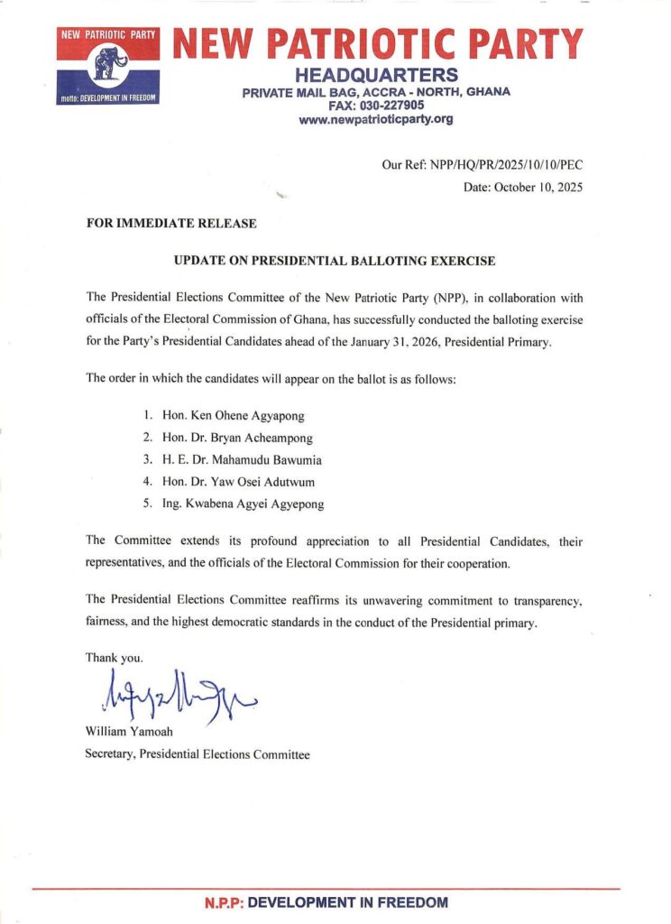 NPP completes balloting for January 2026 Presidential primaries